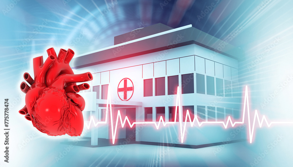Human heart anatomy on cardiac hospital background. 3d illustration ...