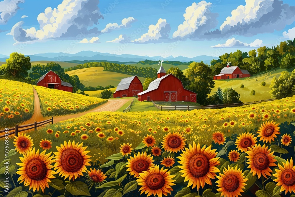 This photo captures an idyllic farm scene with red barns and rolling ...