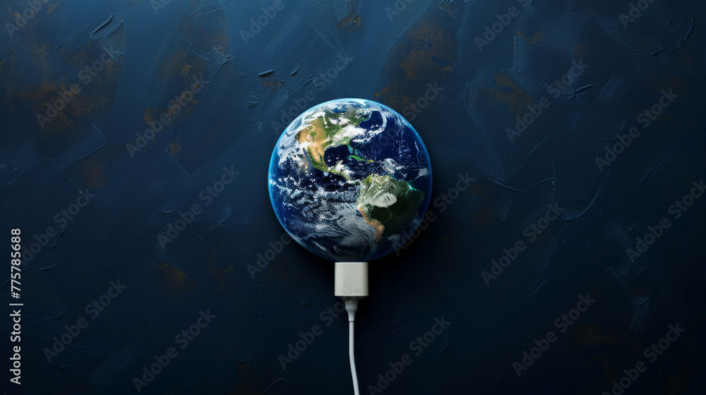 Earth connected to charger, external power source dark background ...