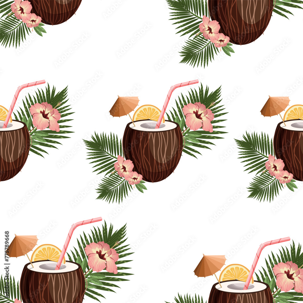 Seamless pattern coconut cocktail to coconut fruit, tropical leaves and ...