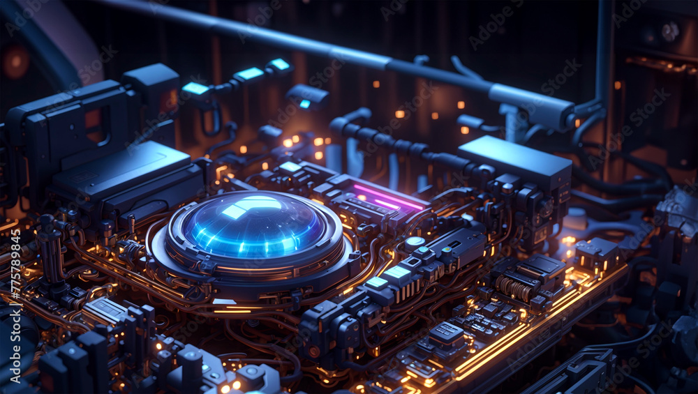 Digital artwork depicting a glowing red orb in the center of a circuit ...