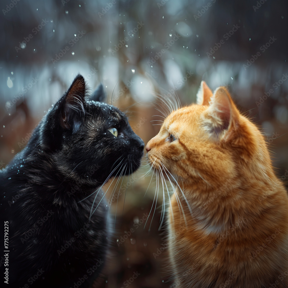 Dos gatos, negro y canela, día internacional del beso, hocico, bigotes ...