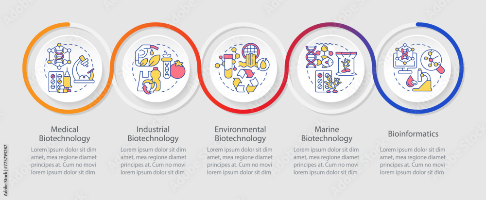 Types of biotechnology loop infographic template. Scientific fields ...