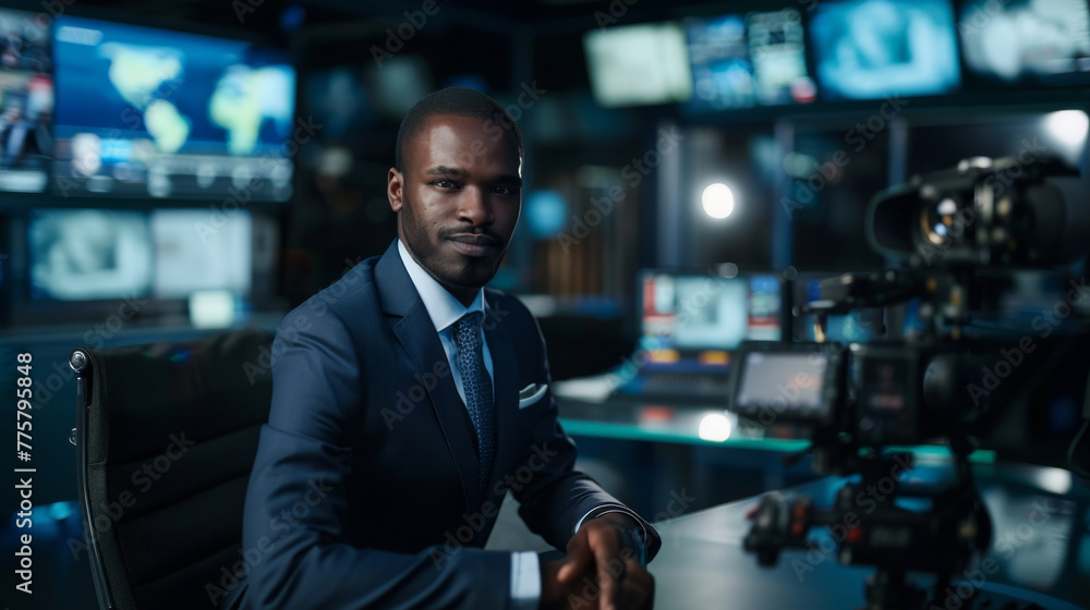Serious News Anchor Ready for Evening Broadcast, A solemn news anchor ...