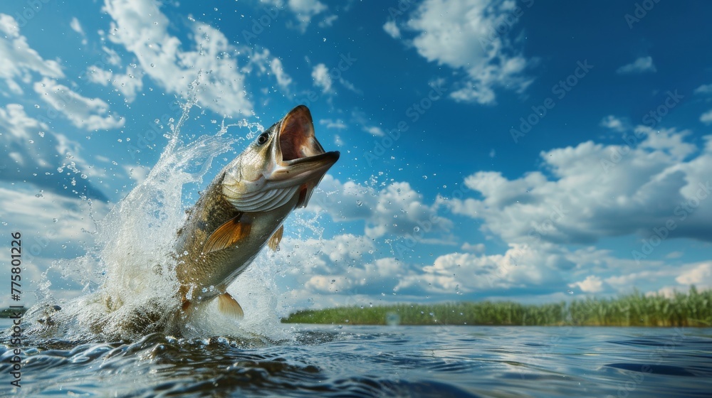 Jumping Pike Fish Splashing Water, A dynamic image of a pike fish ...