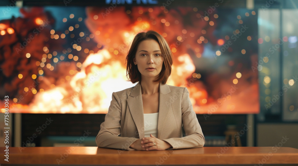 News Anchor Reporting on Industrial Catastrophe, A composed news anchor ...