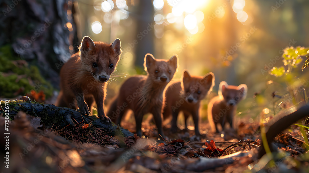 Marten family in the forest with setting sun shining. Group of wild ...