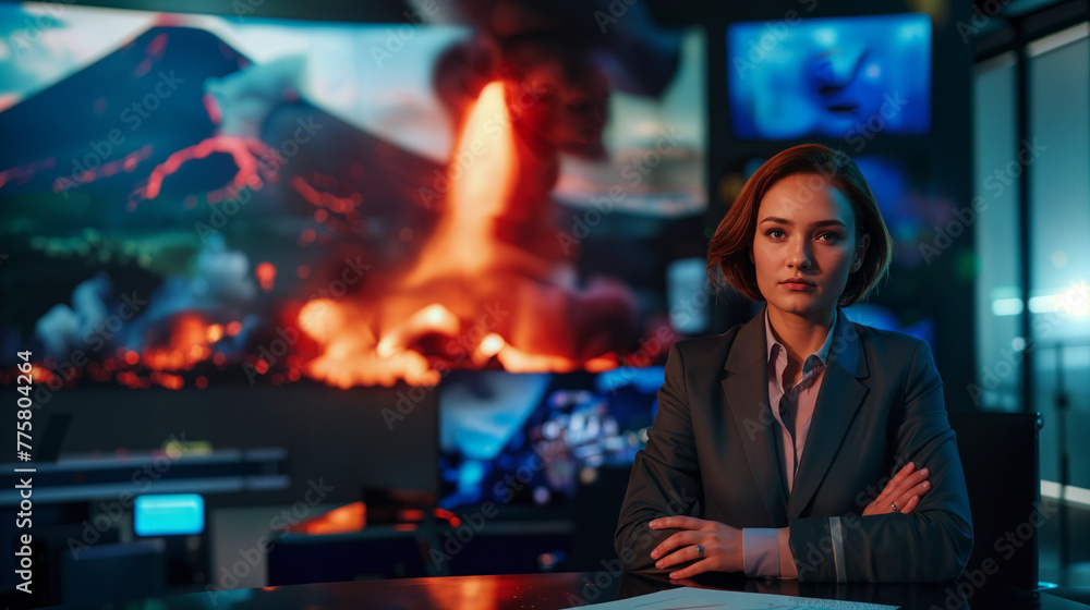 News Anchor Reporting on Volcanic Eruption, A composed news anchor ...