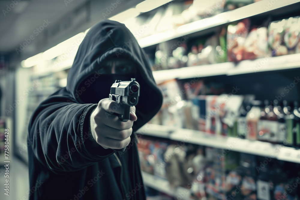 Gangster in hood with facial mask threatens supermarket visitors with ...