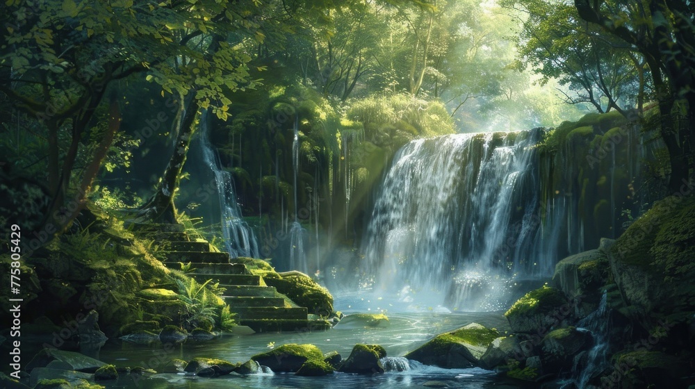 Enchanted Waterfall. Crystal waters cascade amidst whispering trees ...