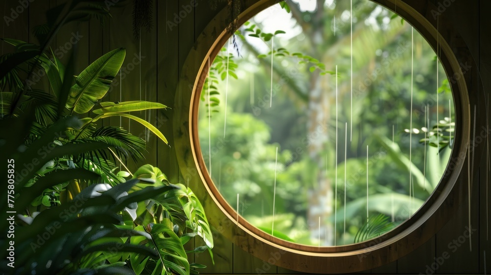 Rainforest Window View. Cozy rainforest scene framed by a circular ...