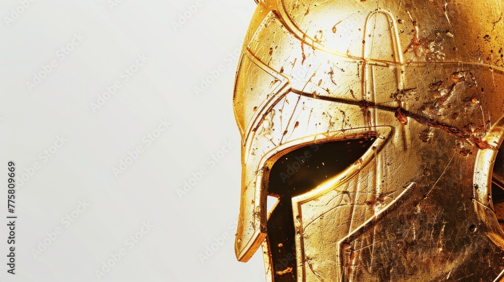 Antique warrior helmet with visible scratches and dents displaying ...