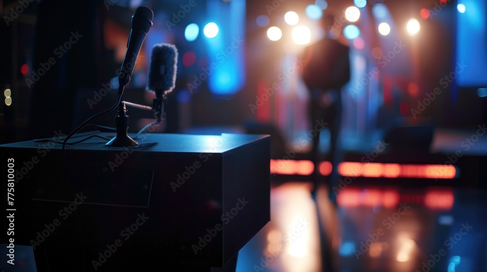 Professional speaker preparing to address audience at corporate event ...