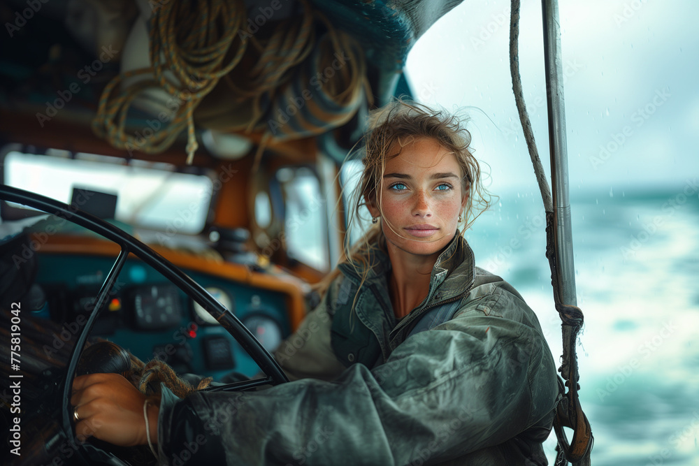 Female captain at steering wheel of a large vessel, woman in profession ...