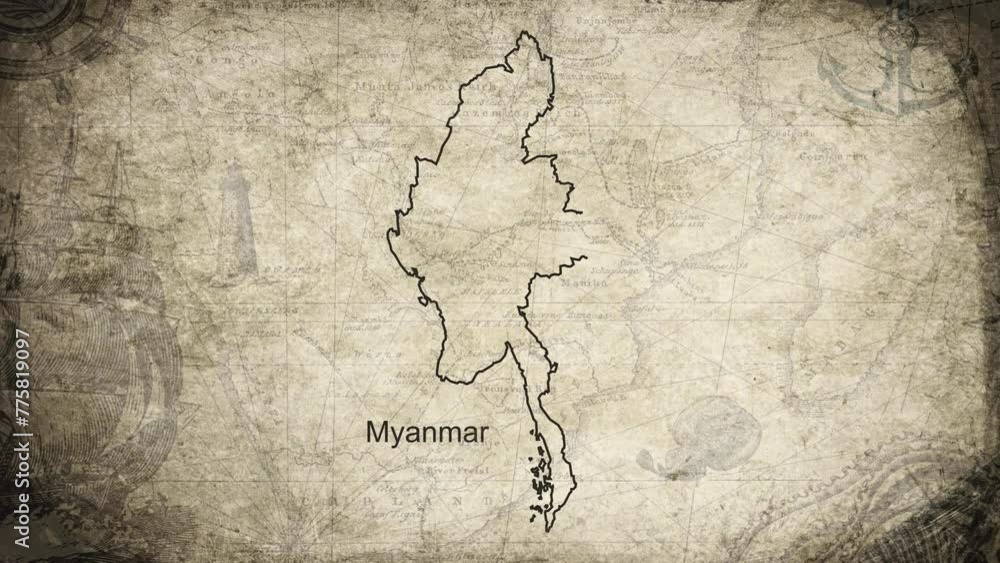 Myanmar map drawn on a cartography background sheet of paper Stock ...