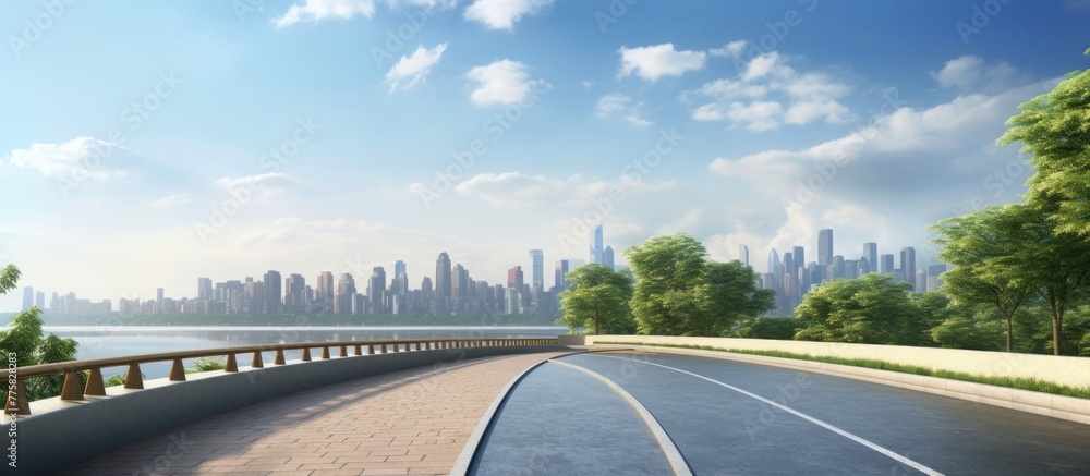 Side view of asphalt road highway with lake garden and modern city ...