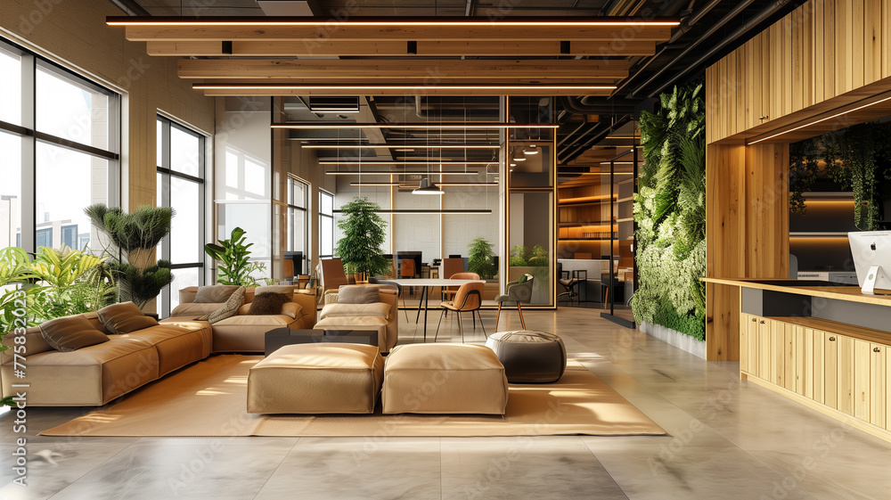 Interior of a lounge in an office building with wood and soft sofas ...