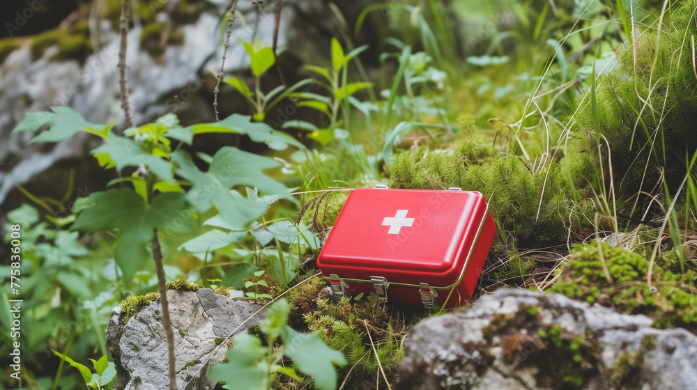 Wilderness First Aid. A red first aid kit with a white cross is placed ...