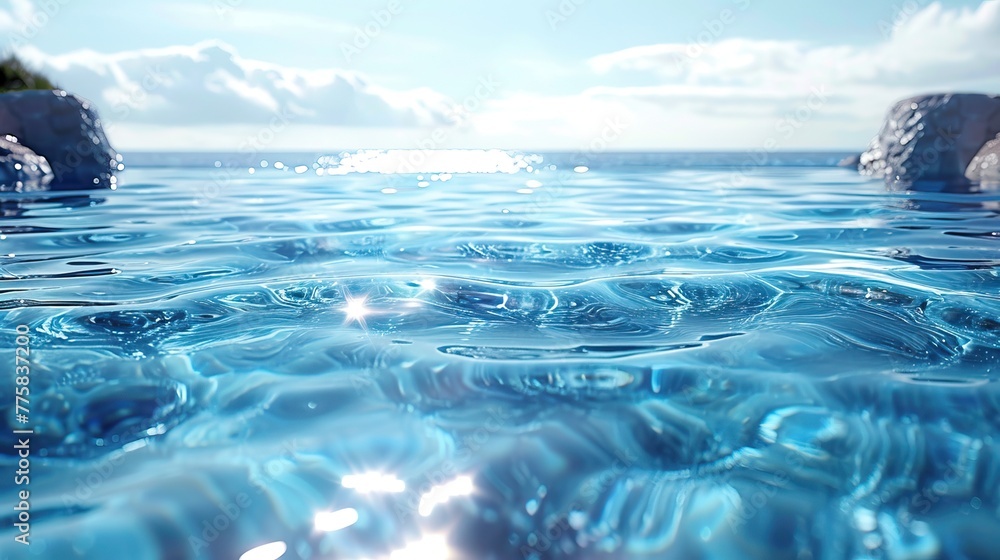 Realistic ocean water texture with sun reflections, 3D rendering. Clear ...