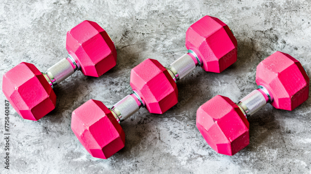 A row of pink dumbbells are lined up on a grey surface. The dumbbells ...