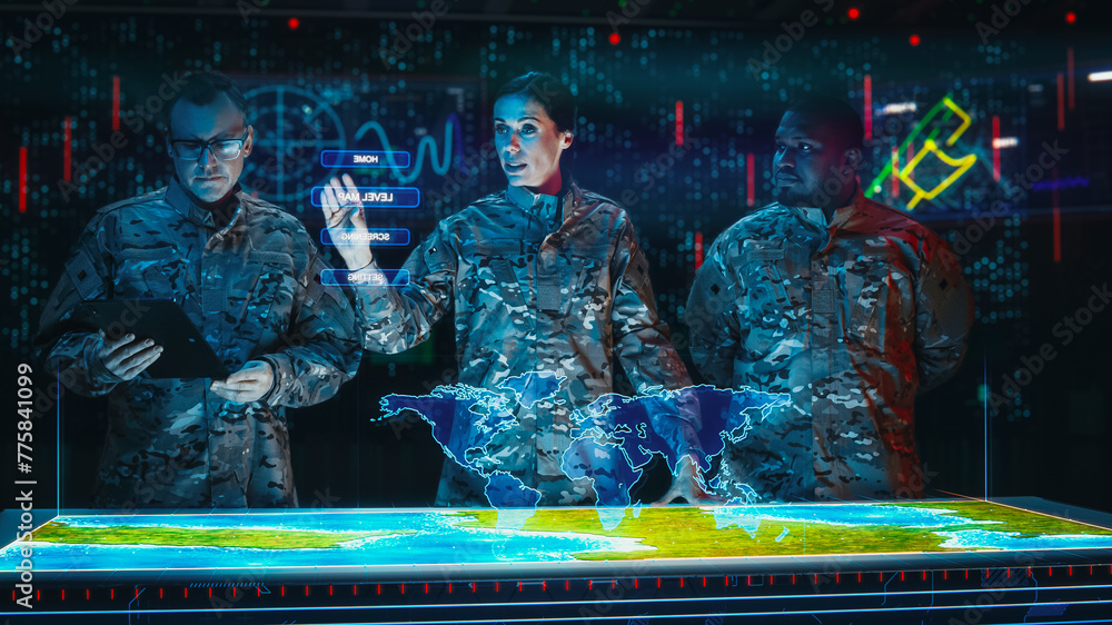 Futuristic High Tech Warfare: Military Intelligence Specialists use ...