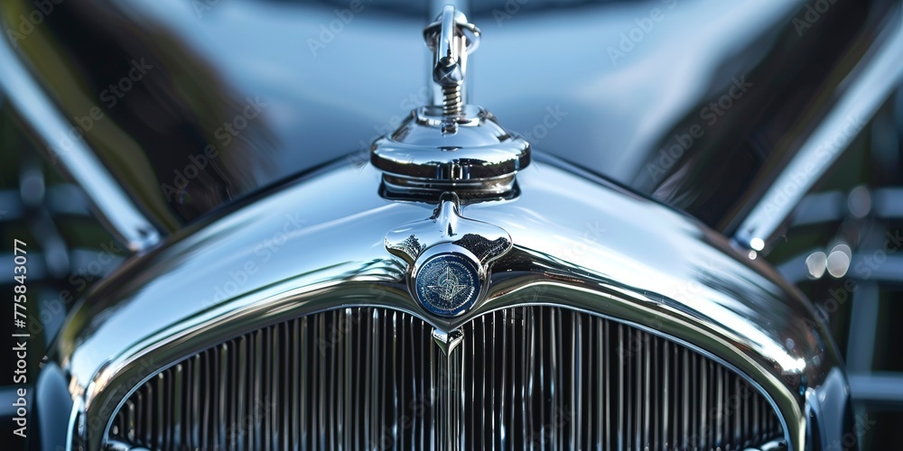 Classic car grill and emblem, close-up, polished chrome, legacy on the ...