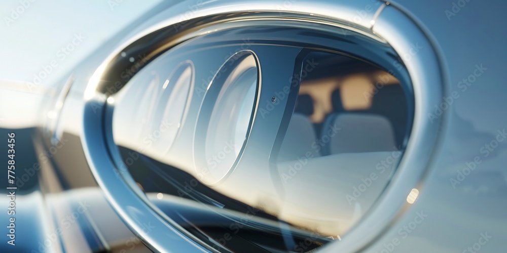 Private jet window reflection, close-up, luxury and exclusive travel ...