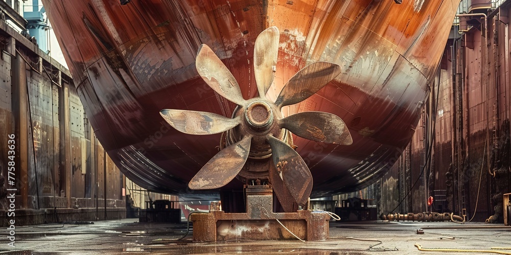 Cargo ship propeller in dry dock, close-up, repair and maintenance ...