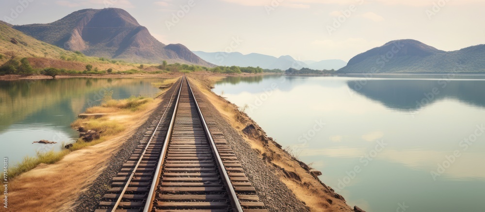 Aerial view of Travel train at speed on a floating railway bridge above ...