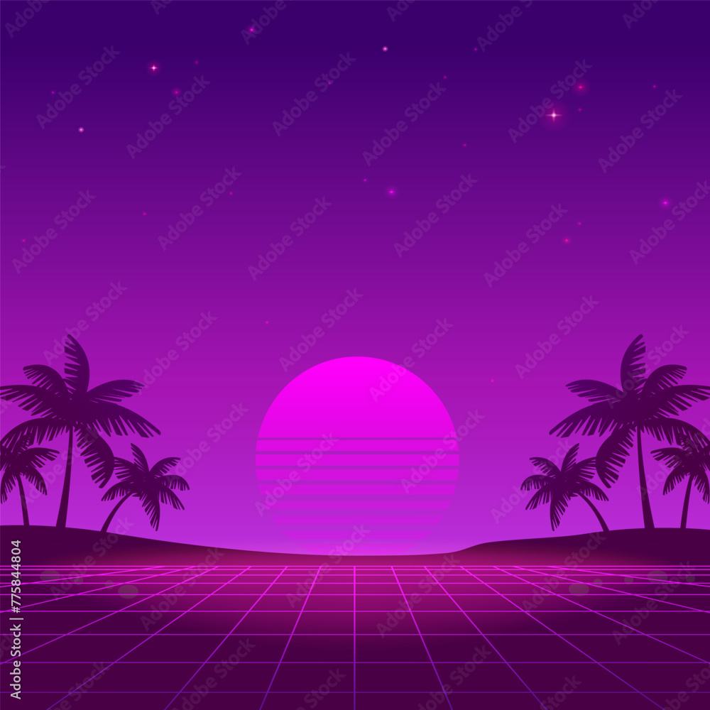 Retrowave futuristic abstract landscape with purple grid background of ...