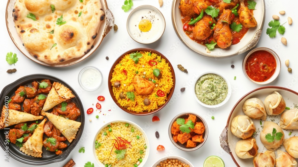 Desi, Indian traditional food set, top view. pizza, hummus, biryani ...