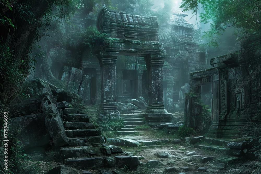 Verdant Ancient temple forest. Architecture famous. Generate Ai Stock ...