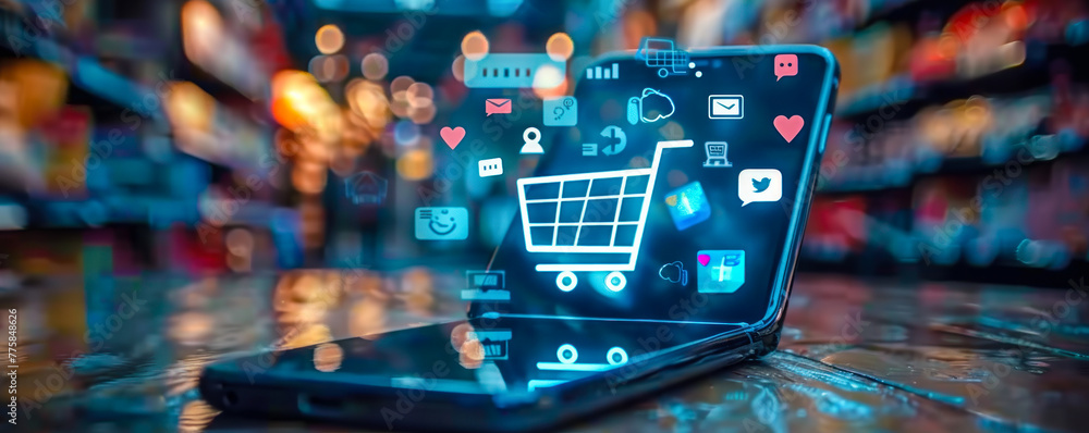Smartphone with virtual shopping cart and social media icons floating ...