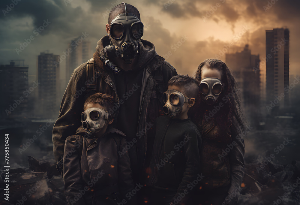 Portrait of family wearing respiratory gas masks. Post apocalyptic ...