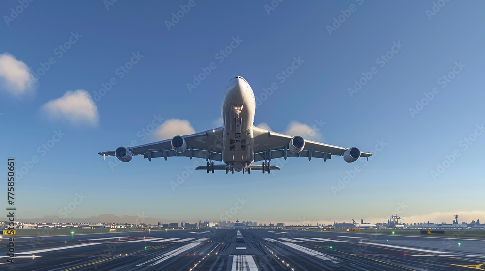 An 8K HDR image of a cargo plane flying against a clear blue sky, with ...