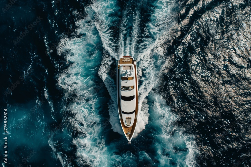 aerial view of a luxury yacht gracefully cruising the clear blue waters ...
