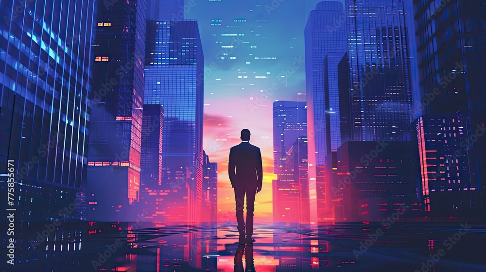 Cyberpunk cityscape. Futuristic night in digital town. Neon lights. Sci ...