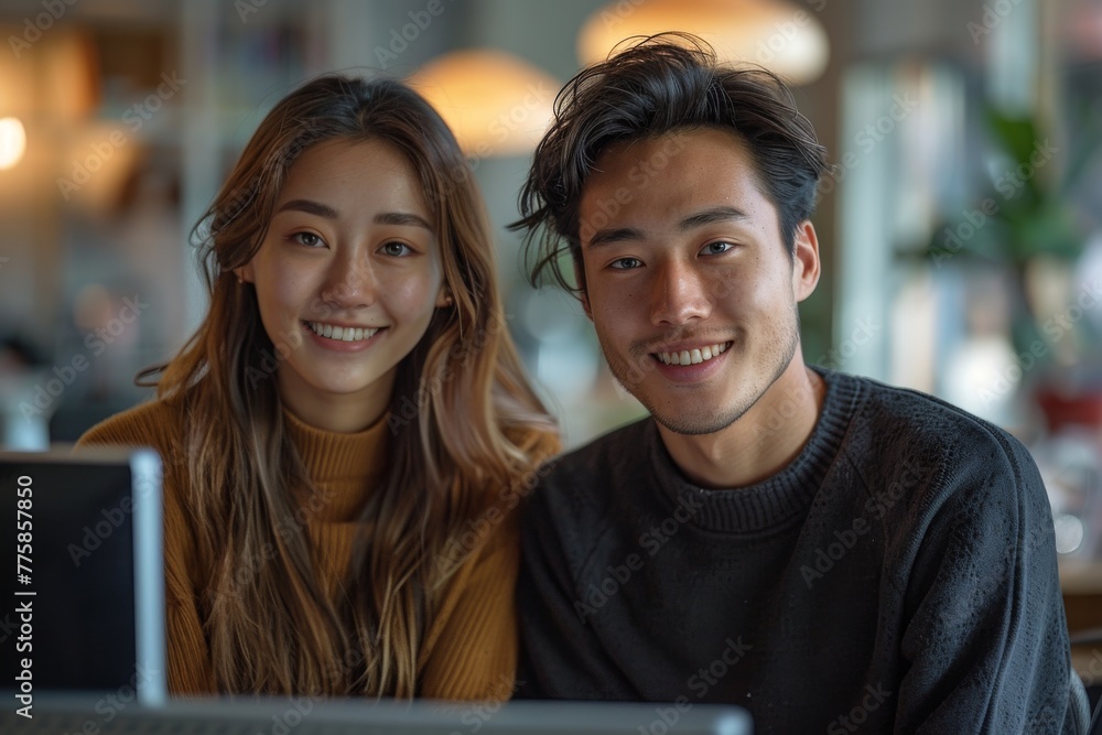 An Asian couple, deeply in love, work together in their new office ...