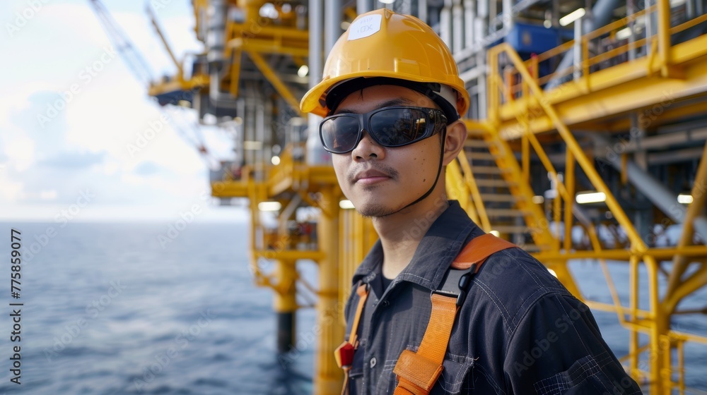 Asian petroleum engineer Inspect crude oil drilling rigs and industrial ...