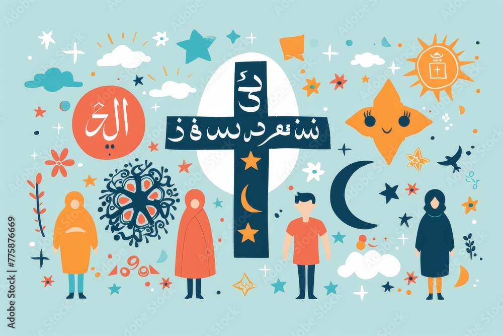 An evocative illustration blending diverse religious symbols ...