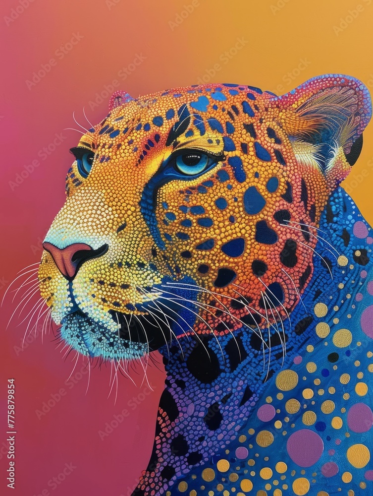 Stylized modern pop art leopard portrait - A leopard's face is rendered ...