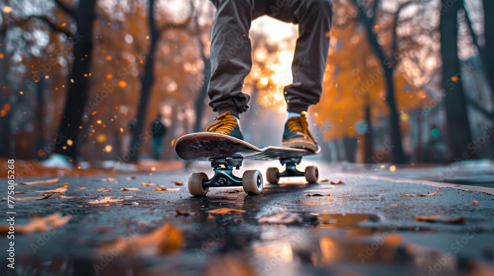Color photo of skateboard, pro skateboarder. Close-up of skateboard ...