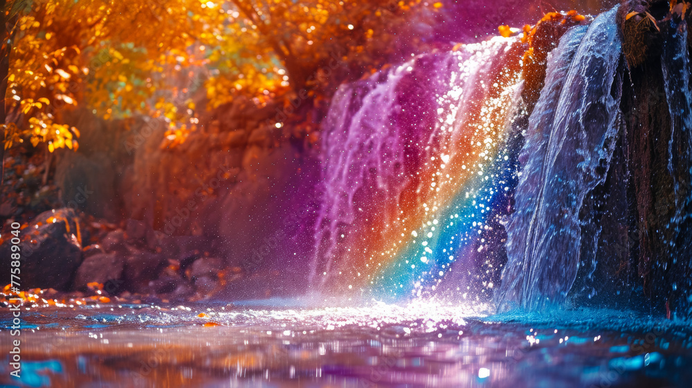 A splash of water from a waterfall catches the sunlight, creating a ...