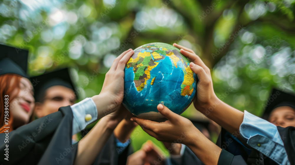 Hands Holding a Globe at Graduation Ceremony - Multicultural group of ...