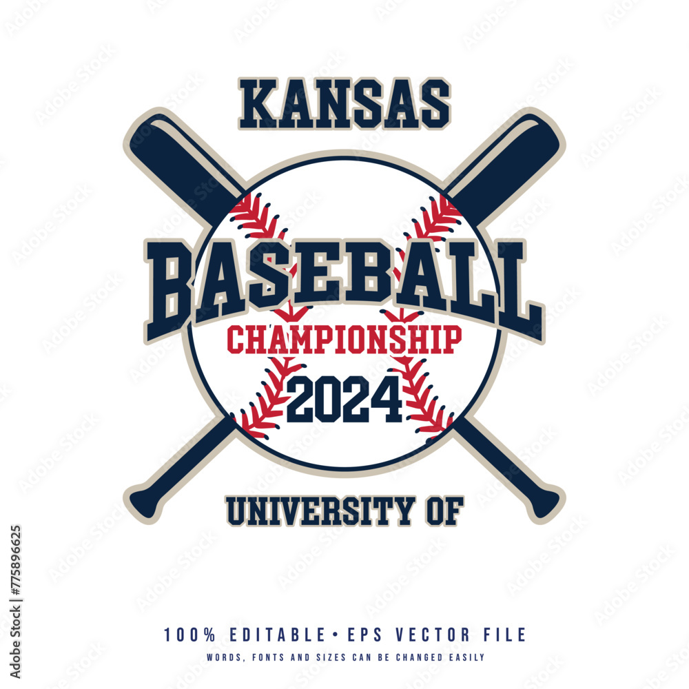 Kansas baseball badge logo vector, text effect vector. Editable college ...