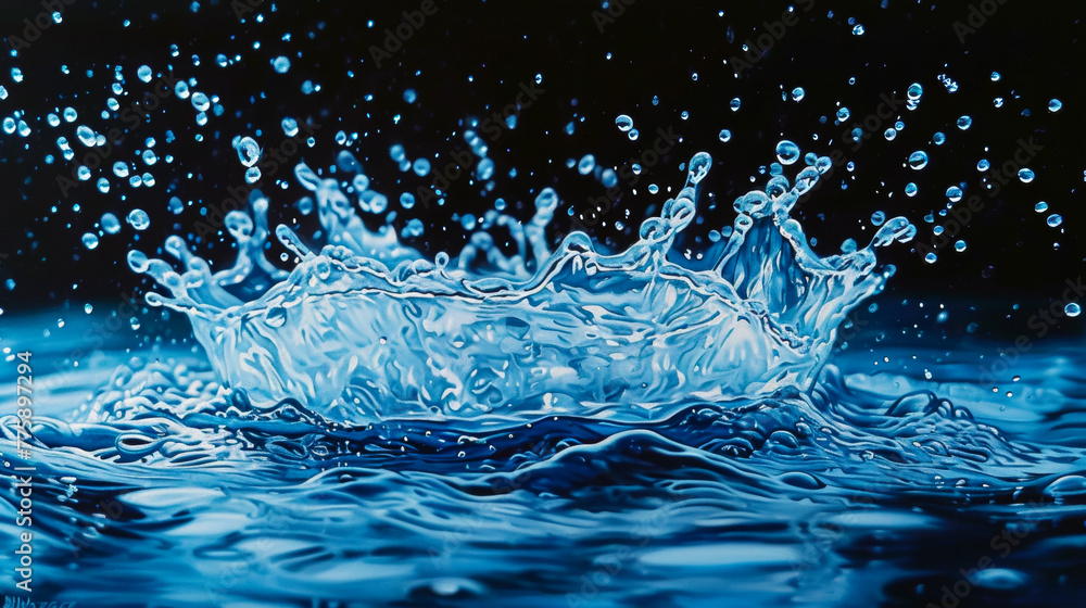 In a dynamic explosion, a water splash emanates from a thrown stone ...