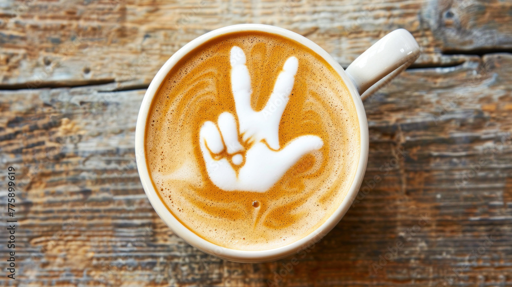 Cup of cappuccino, latte art depicting human hand showing thumb, index ...