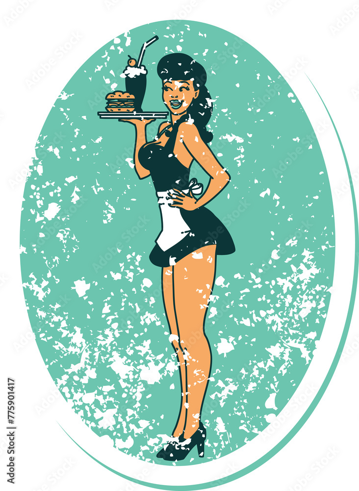 distressed sticker tattoo in traditional style of a pinup waitress girl ...