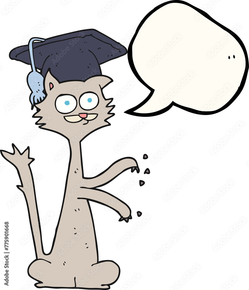 freehand drawn speech bubble cartoon cat scratching with graduation cap ...