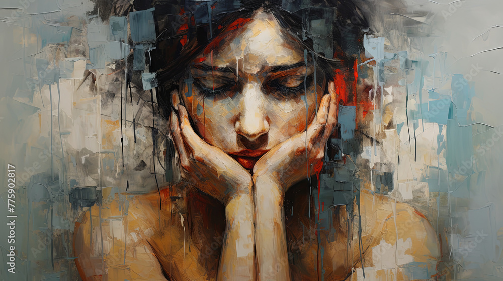 Oil painting concept. Portrait of a woman with a melancholic expression ...